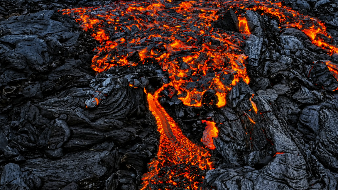 Burning lava carving through the black terrain
