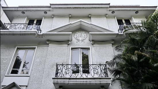 The Maharani Bagh house with a family crest