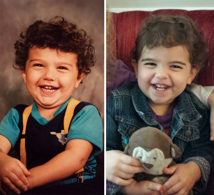 48 side-by-side photos of parents and their kids at the same age