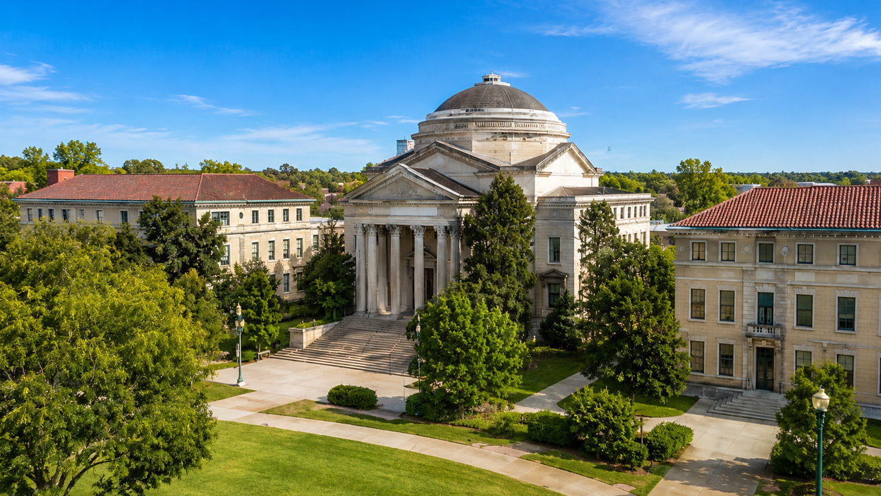 Historic university campus surrounded by trees and open courtyards