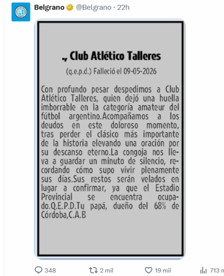 Belgrano se burló de Talleres con un “aviso fúnebre” y estalló la ...