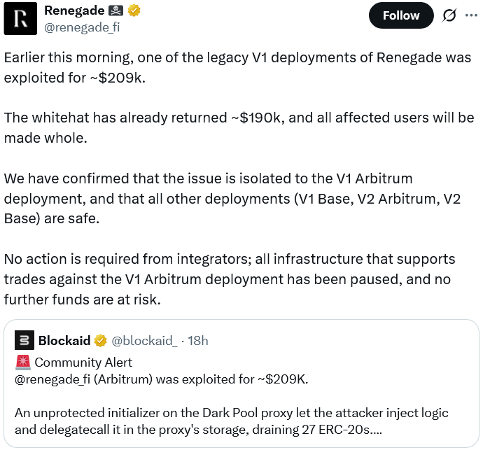 Whitehat returns $190K to Renegade hours after hacking the protocol