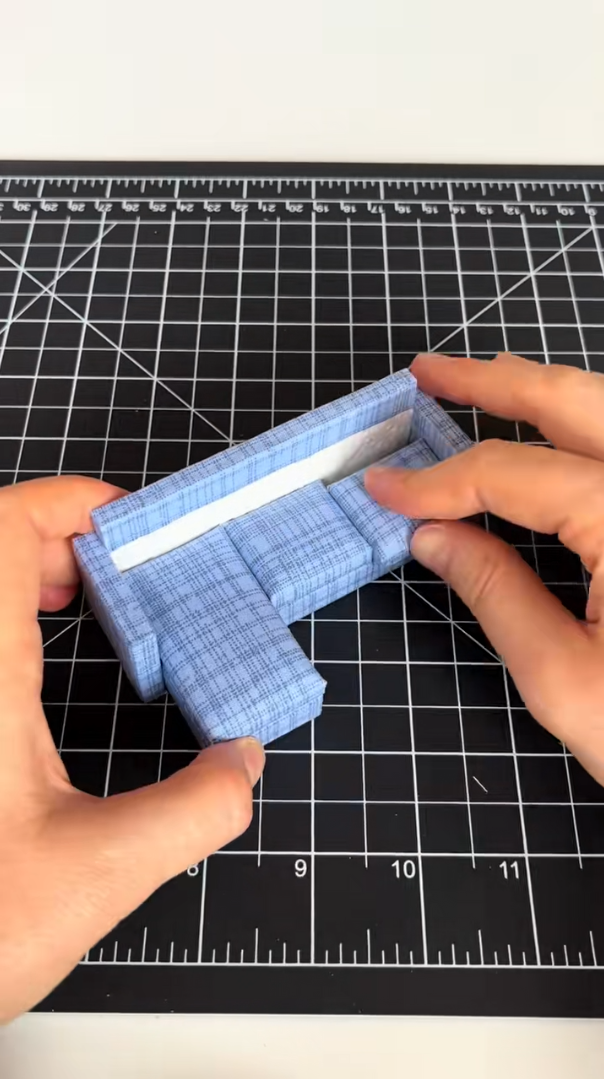 Blue cloth L-shaped sofa for DIY dollhouse furniture tutorial