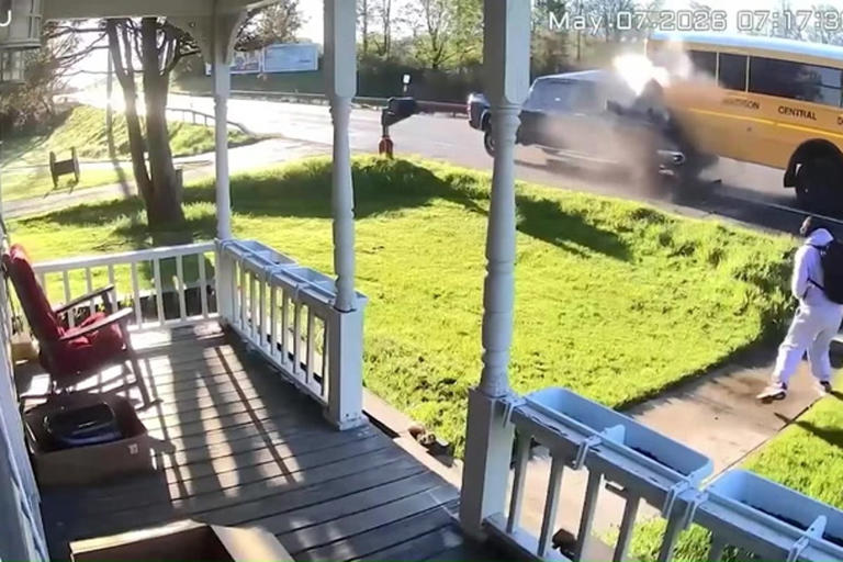 Distracted driver with two kids on board rear-ends school bus