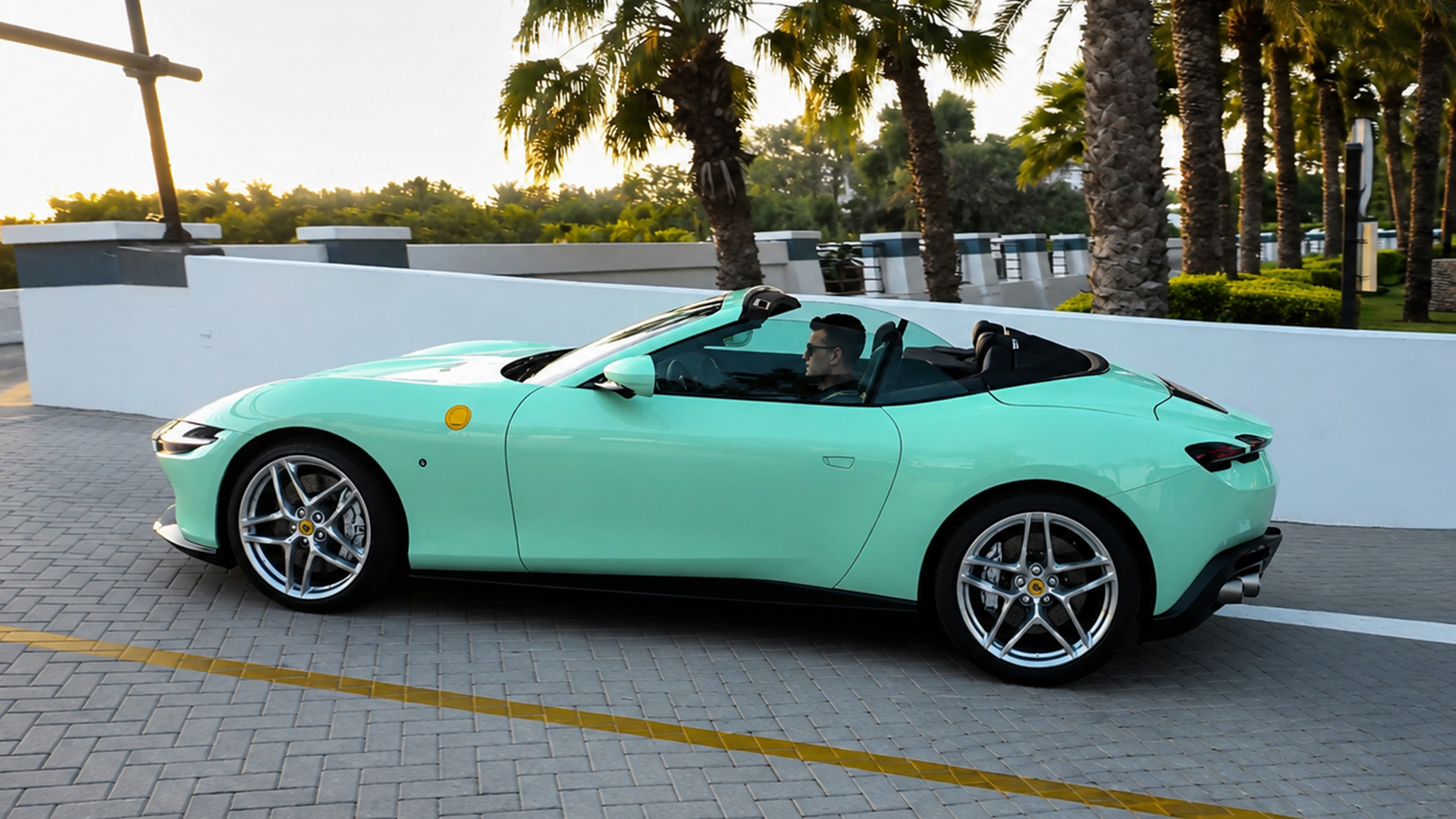 Millionaire arrives in Ferrari Roma Spider with top down