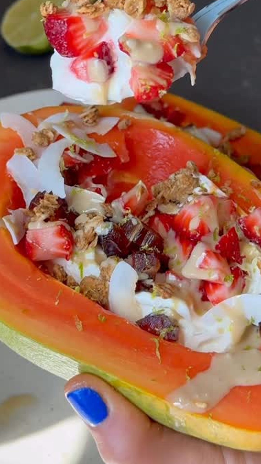 Tropical papaya yogurt dessert boat
