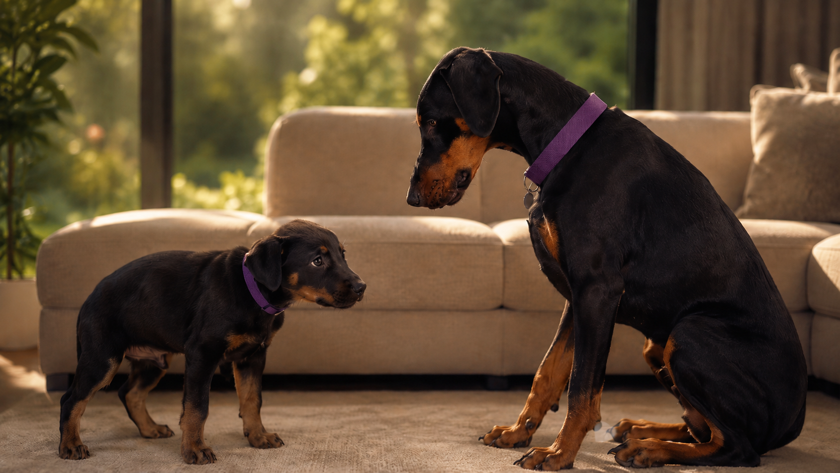 First meeting between Doberman and rescue puppy