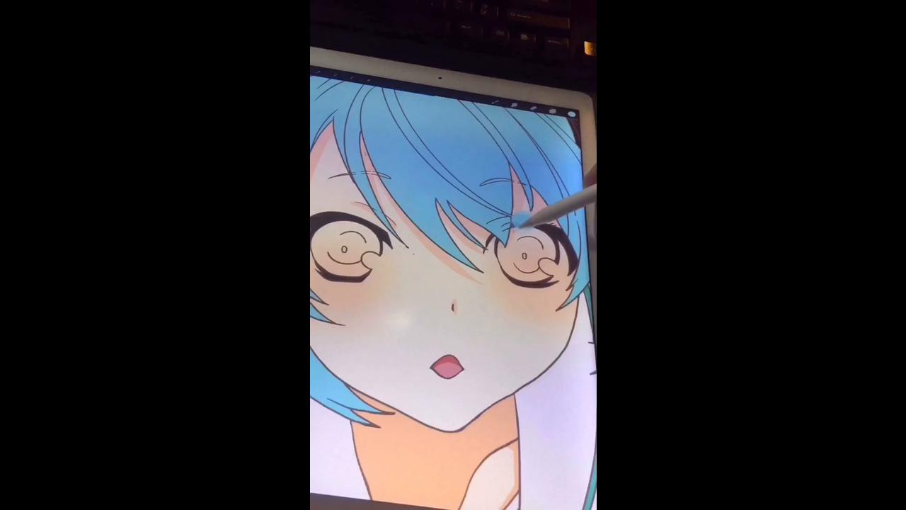 Anime style digital portrait of a blue haired girl with bright cyan eyes