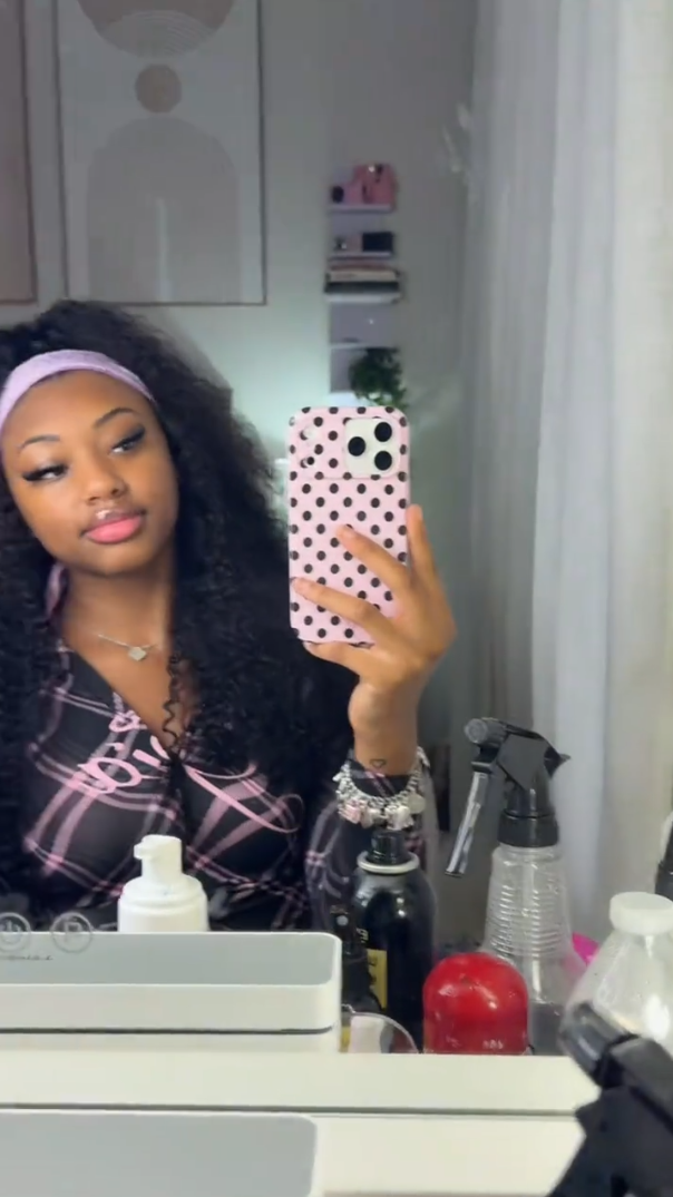 Soft glam mirror selfie with curly hair routine