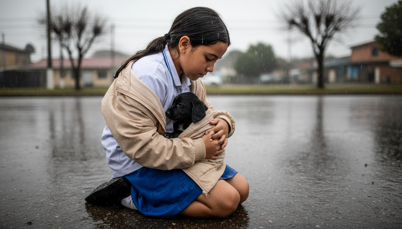 'Angel' spotted saving a stray dog on her way home from school
