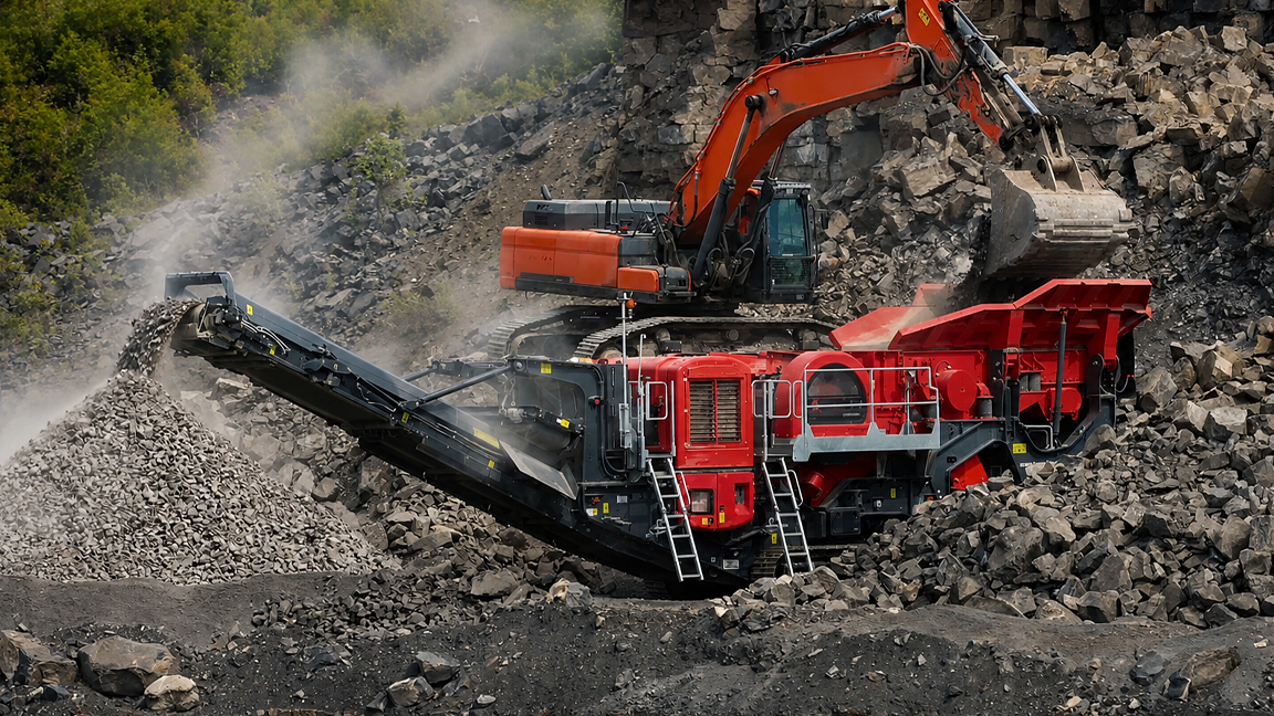 Heavy mining equipment crushing stone and aggregate material