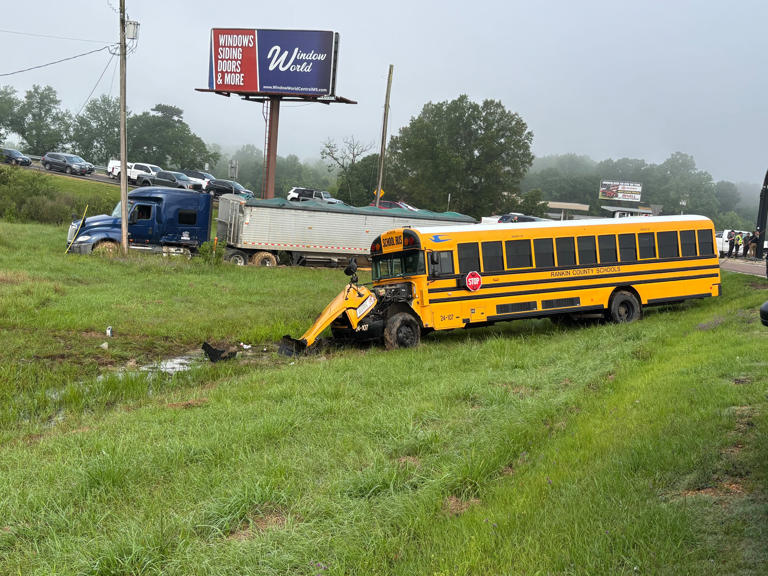School bus collides with 18-wheeler on Highway 49