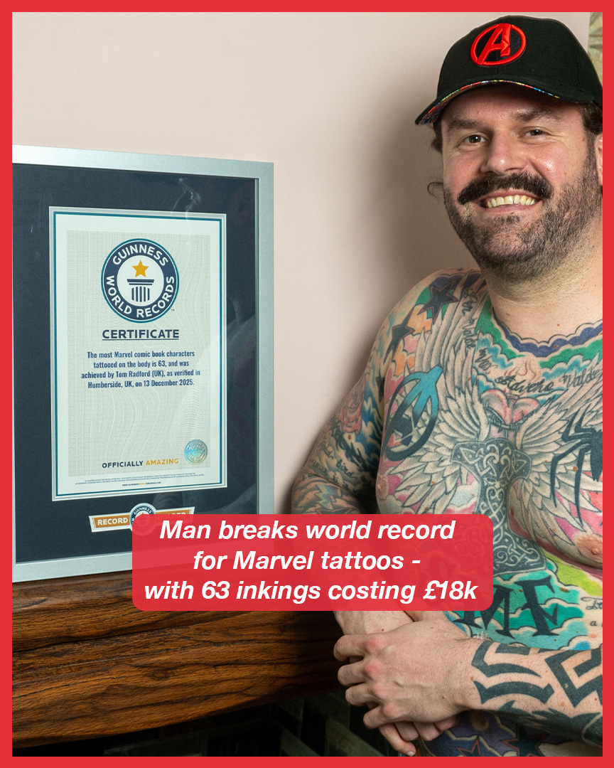 Marvel superfan breaks world record with 63 character tattoos