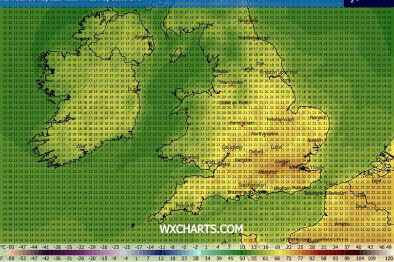 UK heatwave maps reveal 24C temperatures as 35 counties face 20C ...