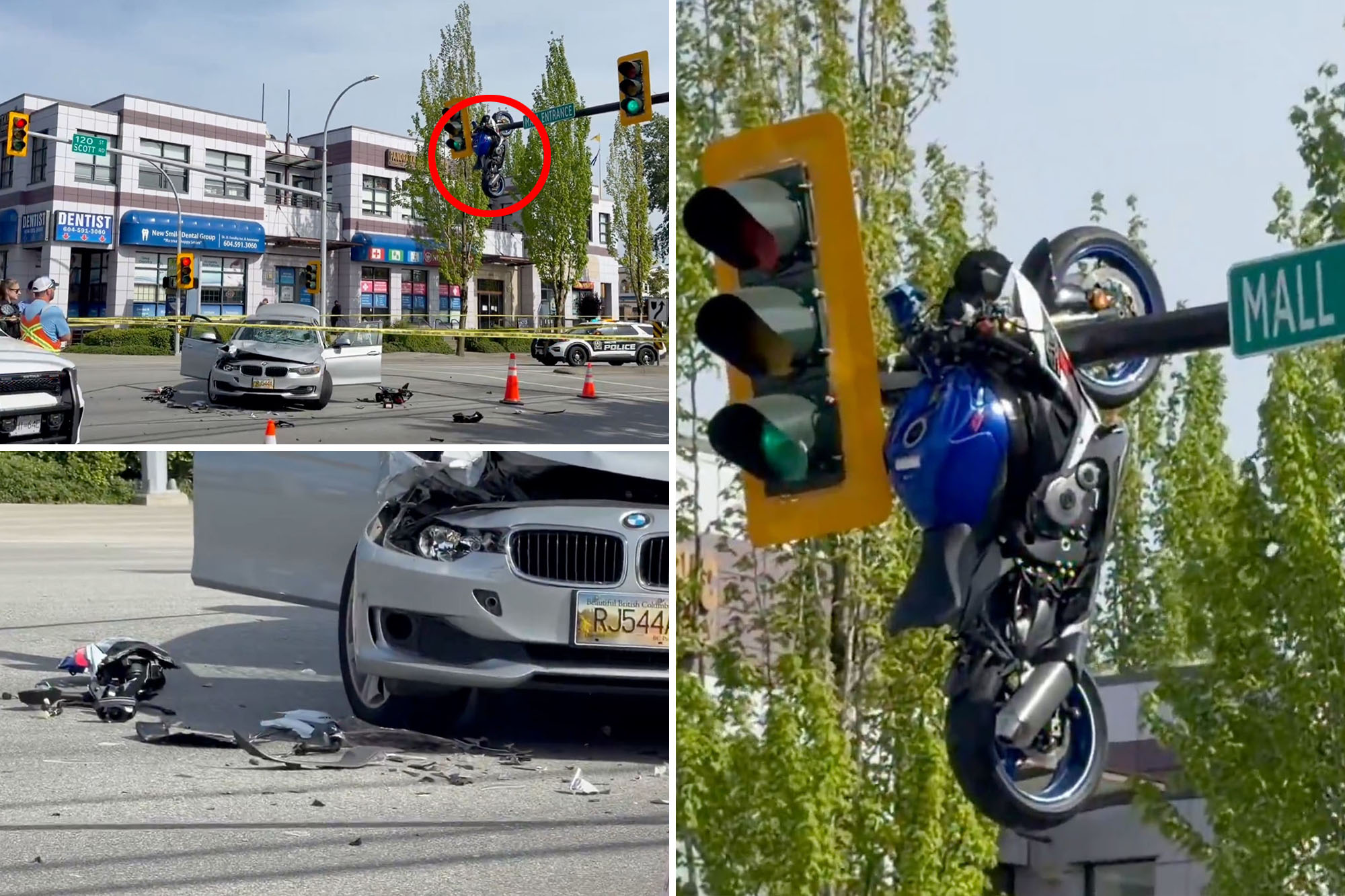 Motorcycle flies onto traffic light pole after head-on collision with ...