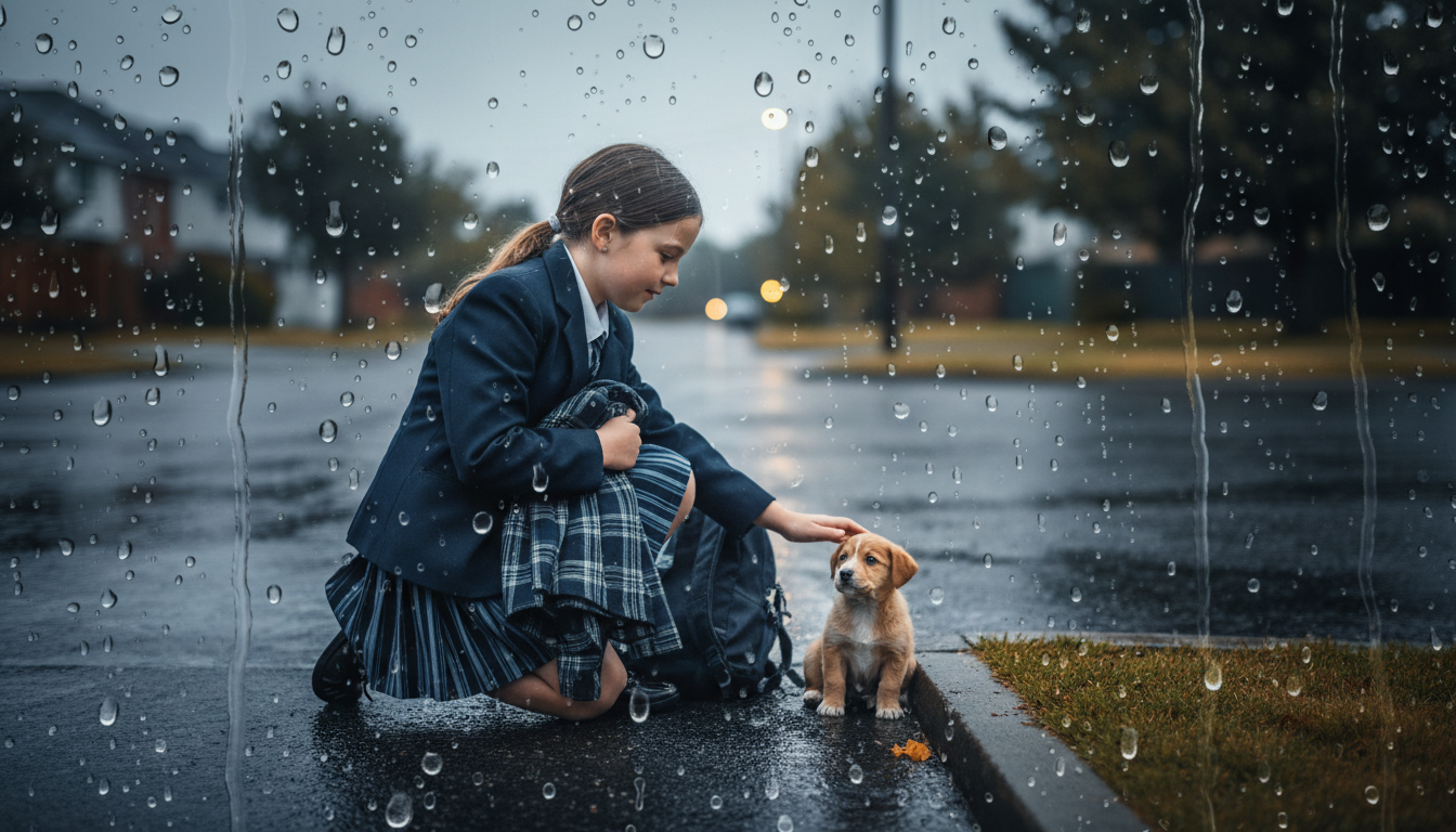 'Angel' spotted saving a stray dog on her way home from school