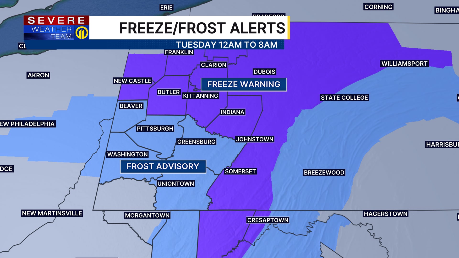 Frost, freeze advisories issued for Tuesday