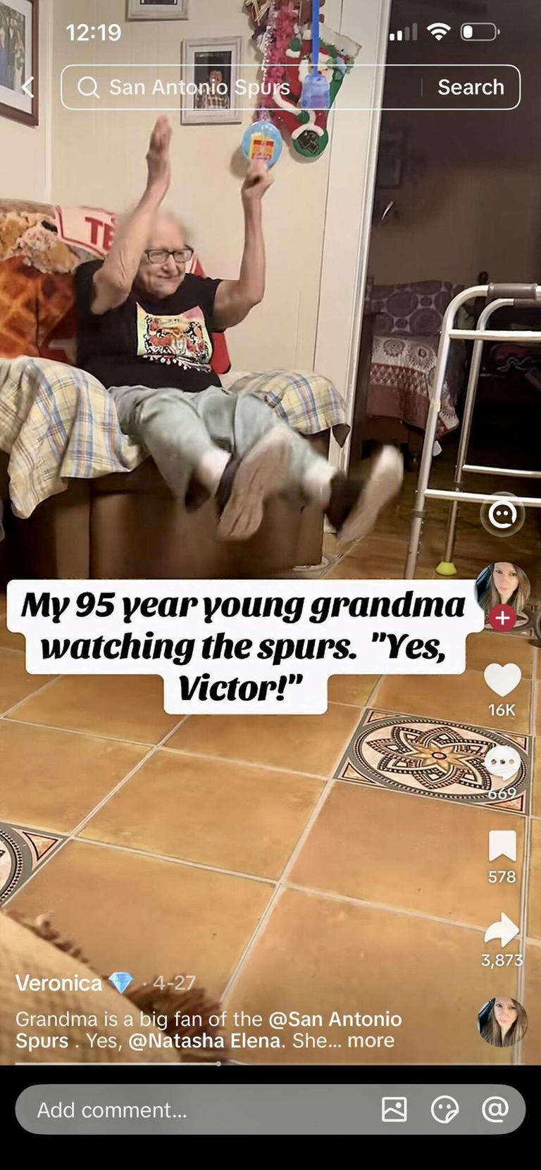 San Antonio's 95-year-old Spurs superfan goes viral cheering Victor
