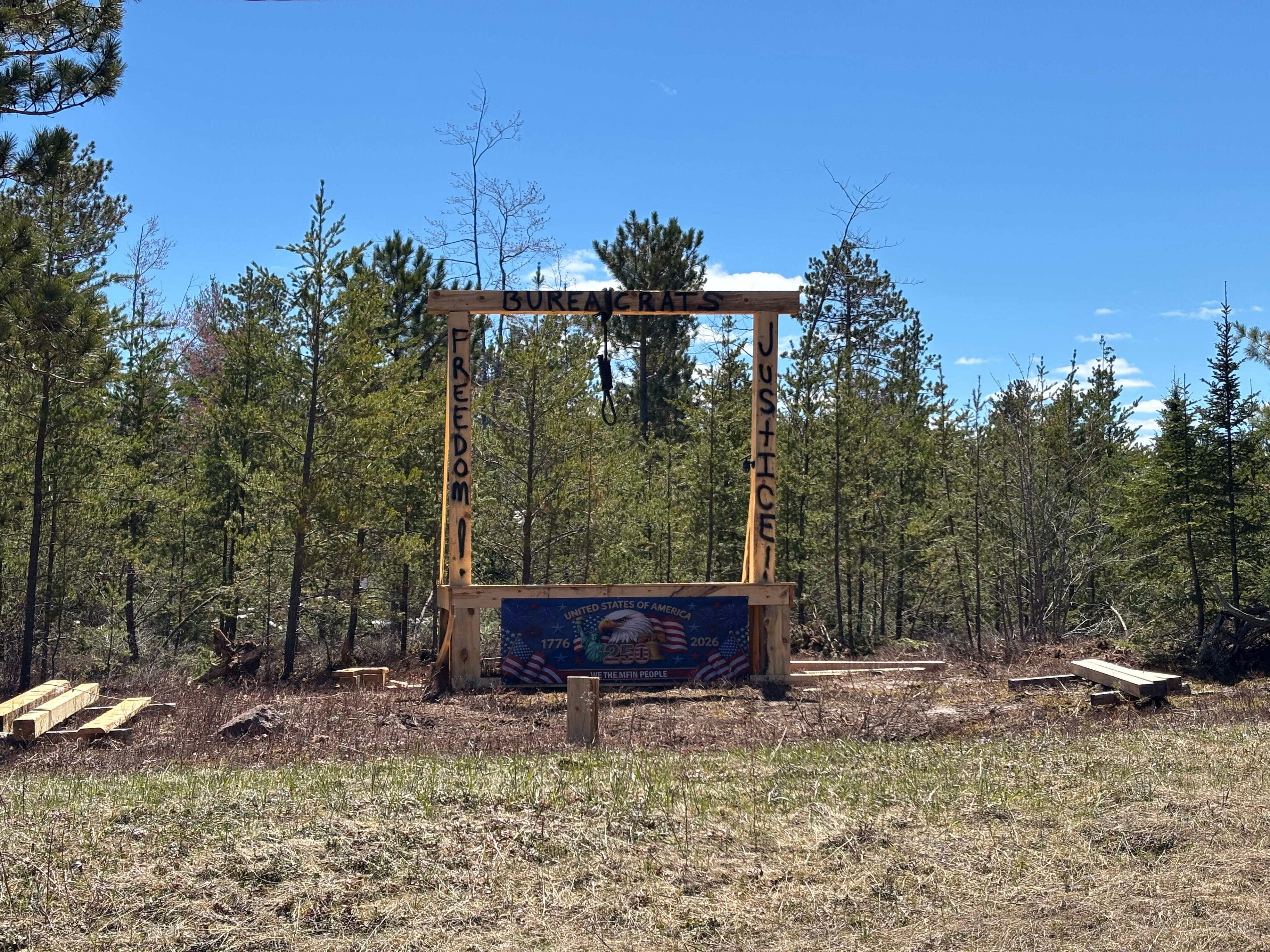 Gallows-like structure on display along M-28