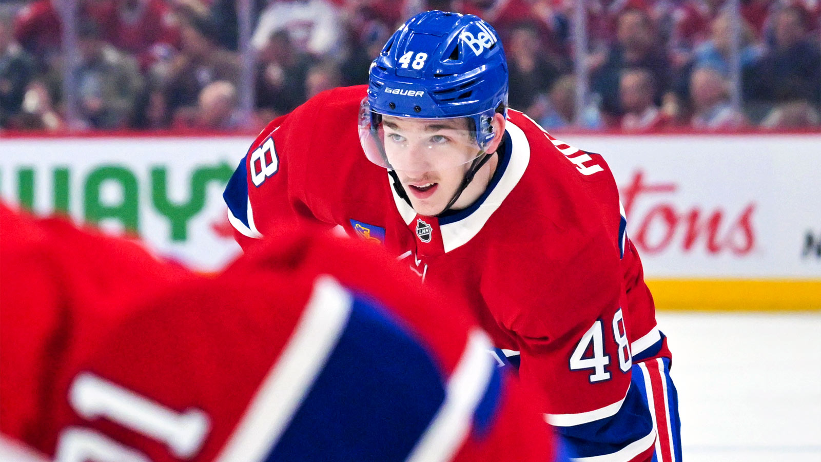 This image of Canadiens’ Lane Hutson and NCAA basketball player Olivier ...