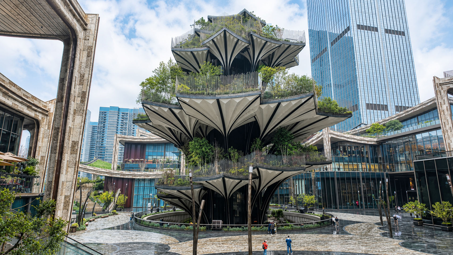 A giant tree structure stands in the middle of this modern mall