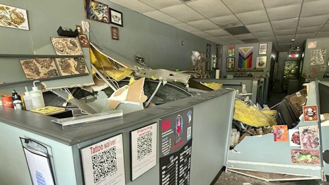Car crashes through Hearts Tattoo and Piercing in Woodstock