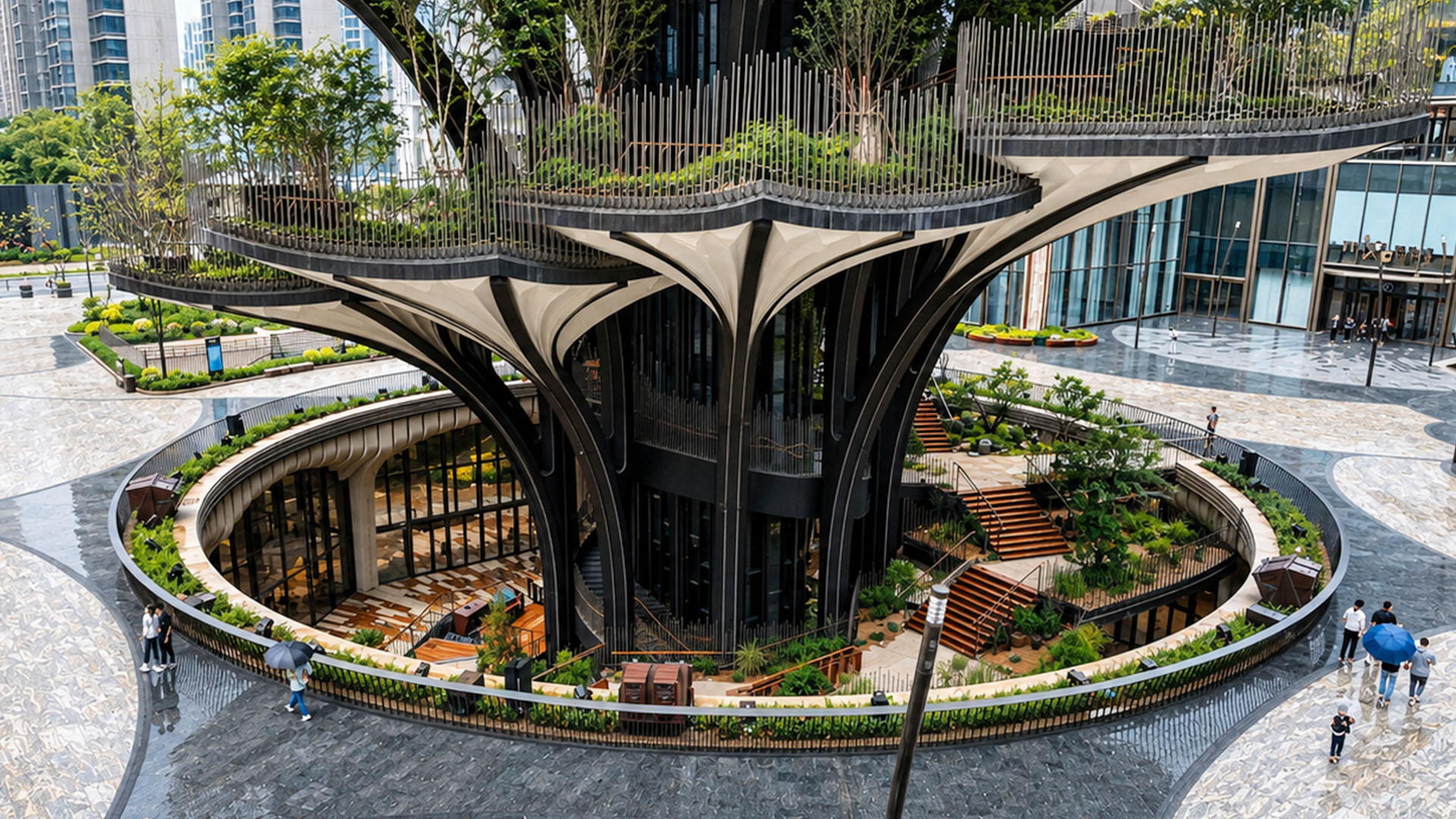 A giant tree inspired building hides public spaces beneath its structure