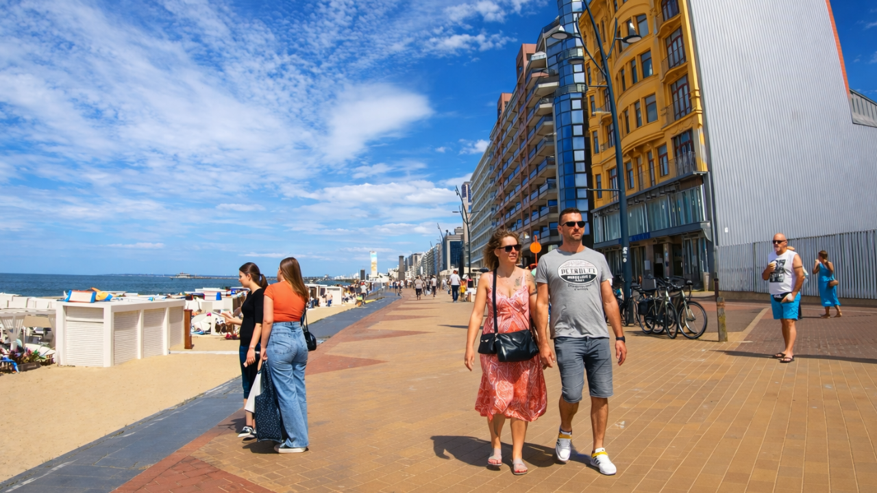 Een zonnige wandeling langs het strand in Blankenberge (4K)