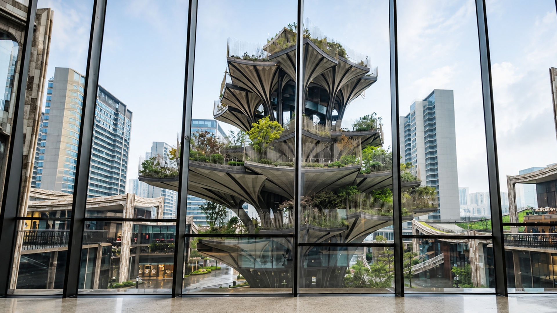 Large glass walls reveal a unique architectural landmark in the center ...