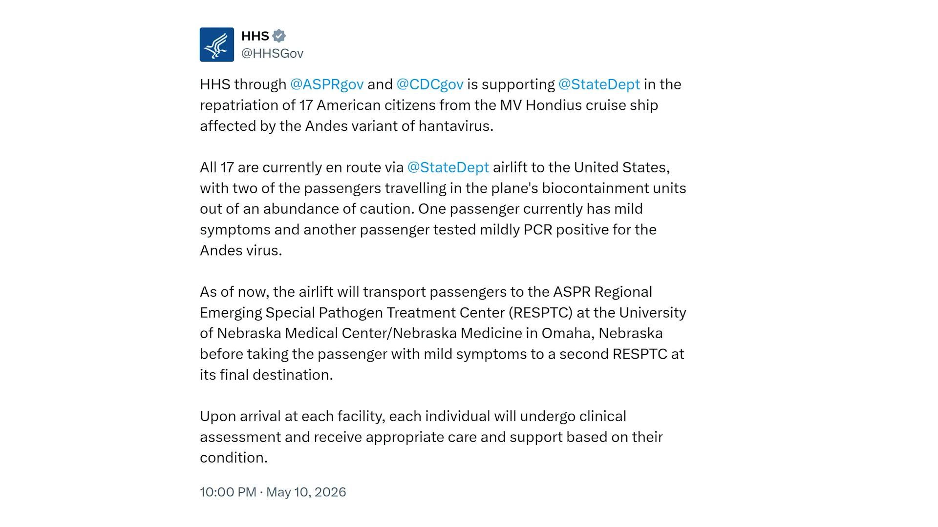 American cruise ship passenger tests positive for hantavirus