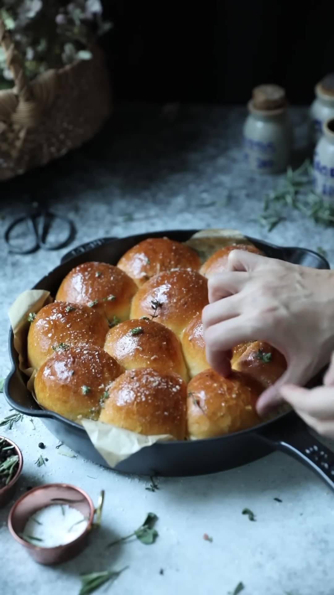 Homemade buttery rolls and garlic-stuffed bread knots for dinner