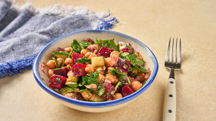 Chickpea, beet, and cucumber salad recipe