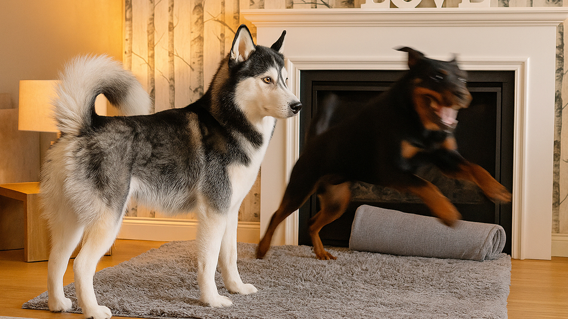 Calm husky watches playful dog in motion