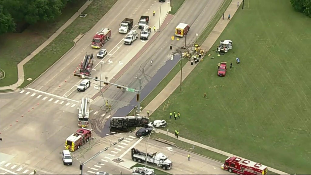 Tanker overturns in Plano crash, spilling oil into creek and triggering ...