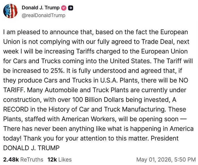 Trump says will raise US tariffs on EU cars to 25%, accusing bloc of ...