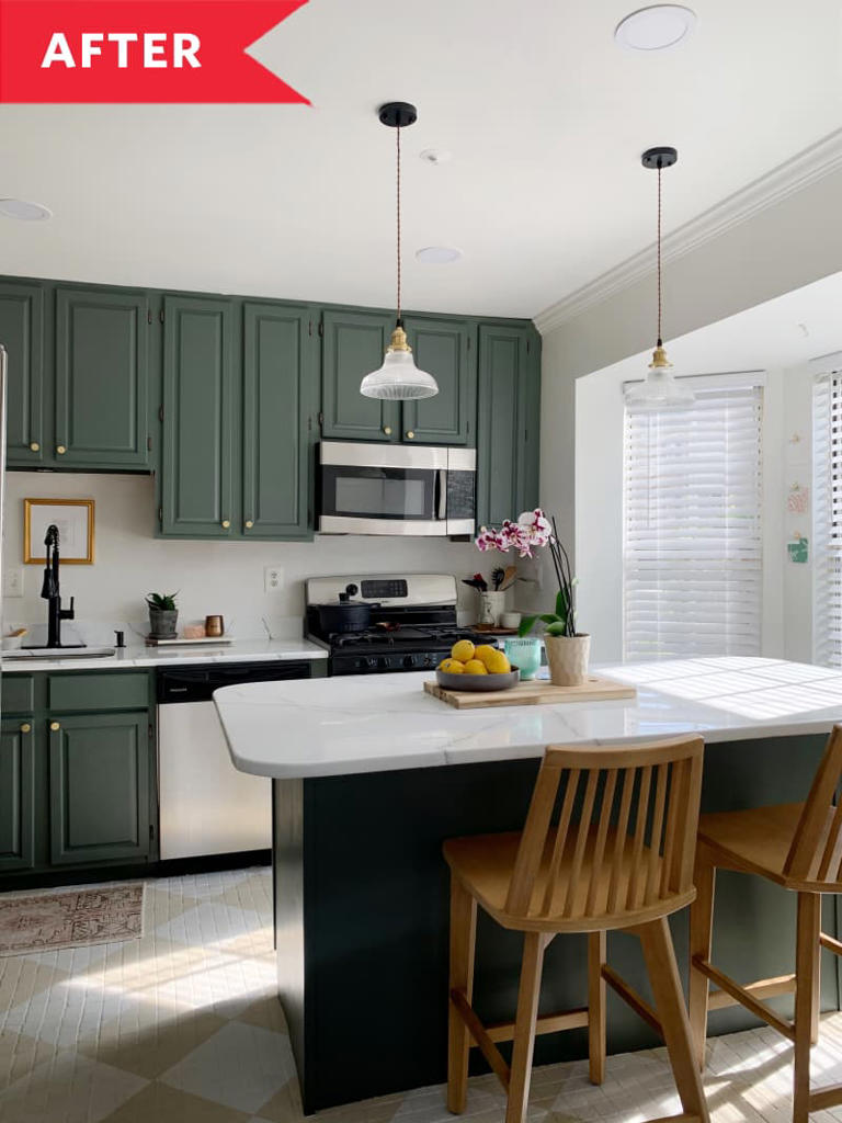3 paint DIYs turned this very brown kitchen into a happy space