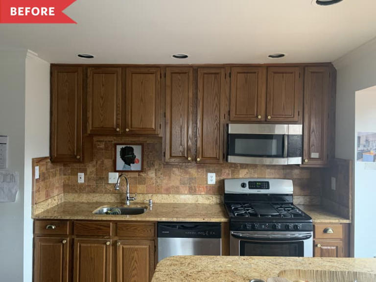 3 paint DIYs turned this very brown kitchen into a happy space