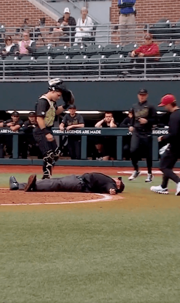 College baseball umpire knocked out of game by foul ball in terrifying ...
