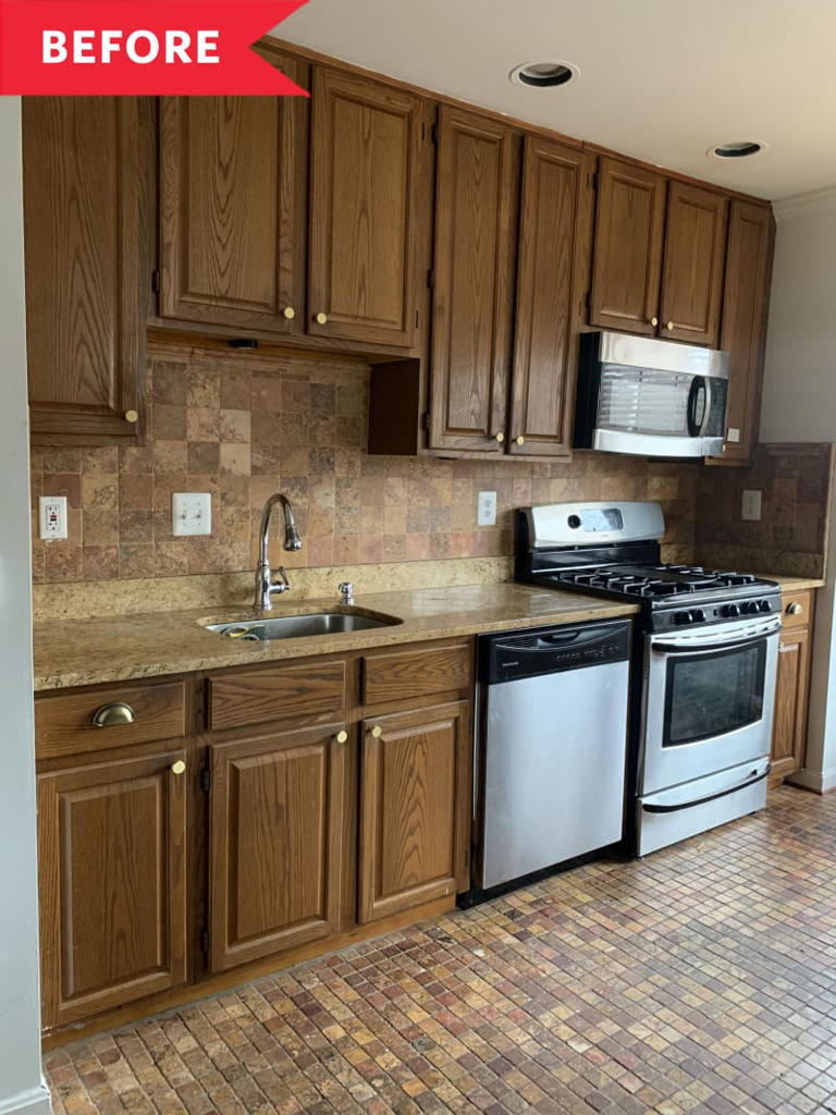 3 paint DIYs turned this very brown kitchen into a happy space