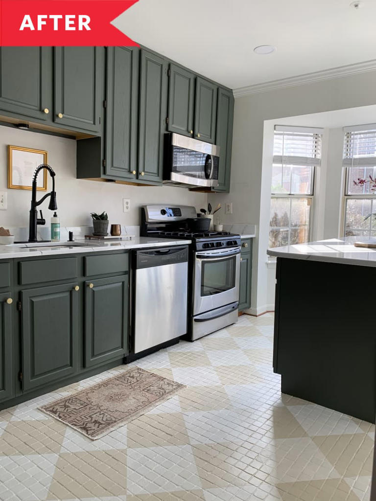 3 paint DIYs turned this very brown kitchen into a happy space