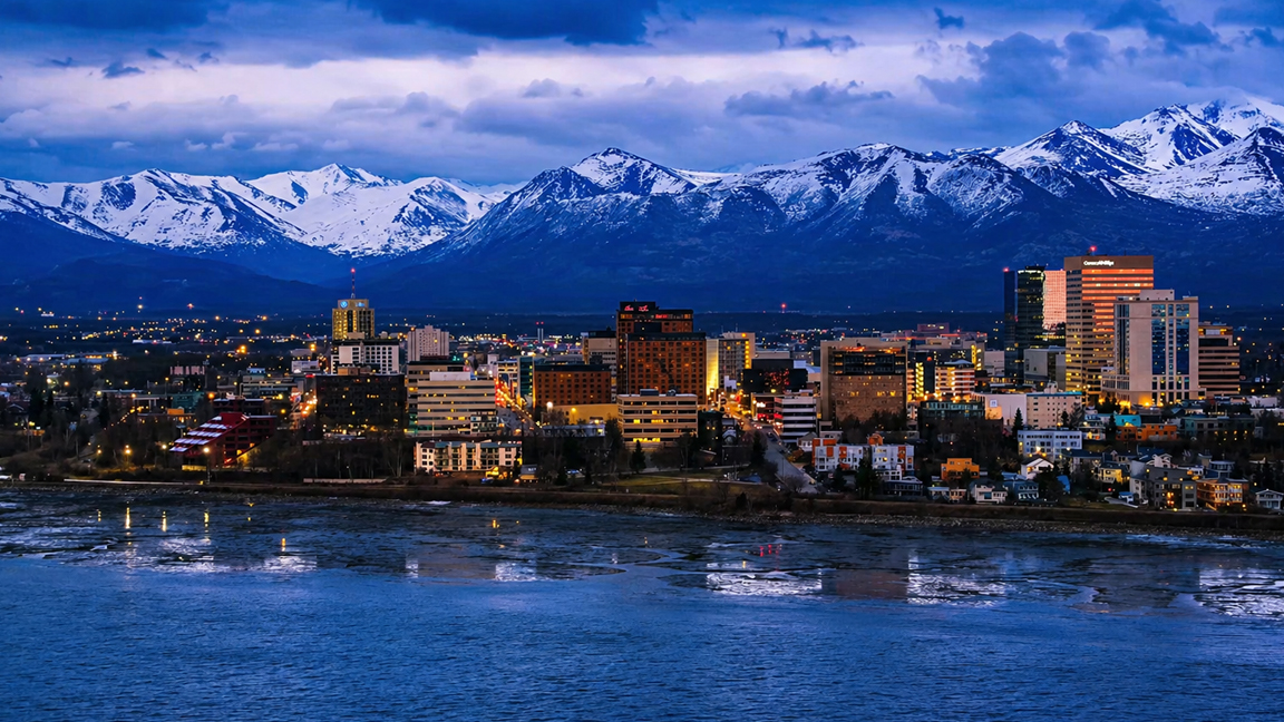 Veduta della città al crepuscolo con edifici illuminati e montagne ...