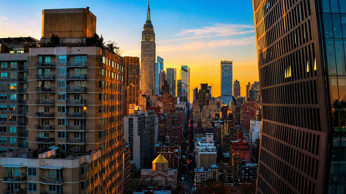 Skyline van New York met de Empire State Building bij zonsondergang