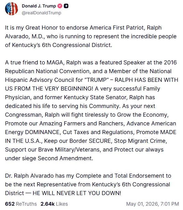 President Donald Trump endorses Ralph Alvarado for Rep. Andy Barr’s seat
