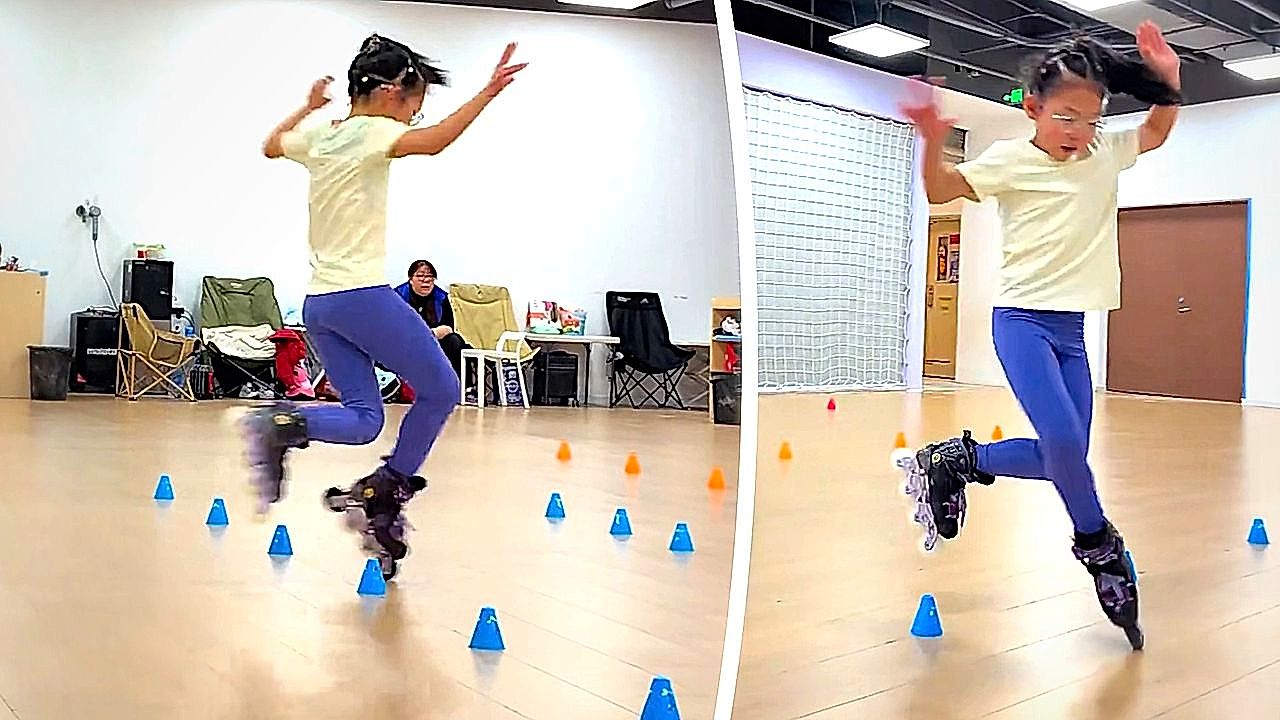 Girl showcases stunning one-foot slalom spin on roller skates