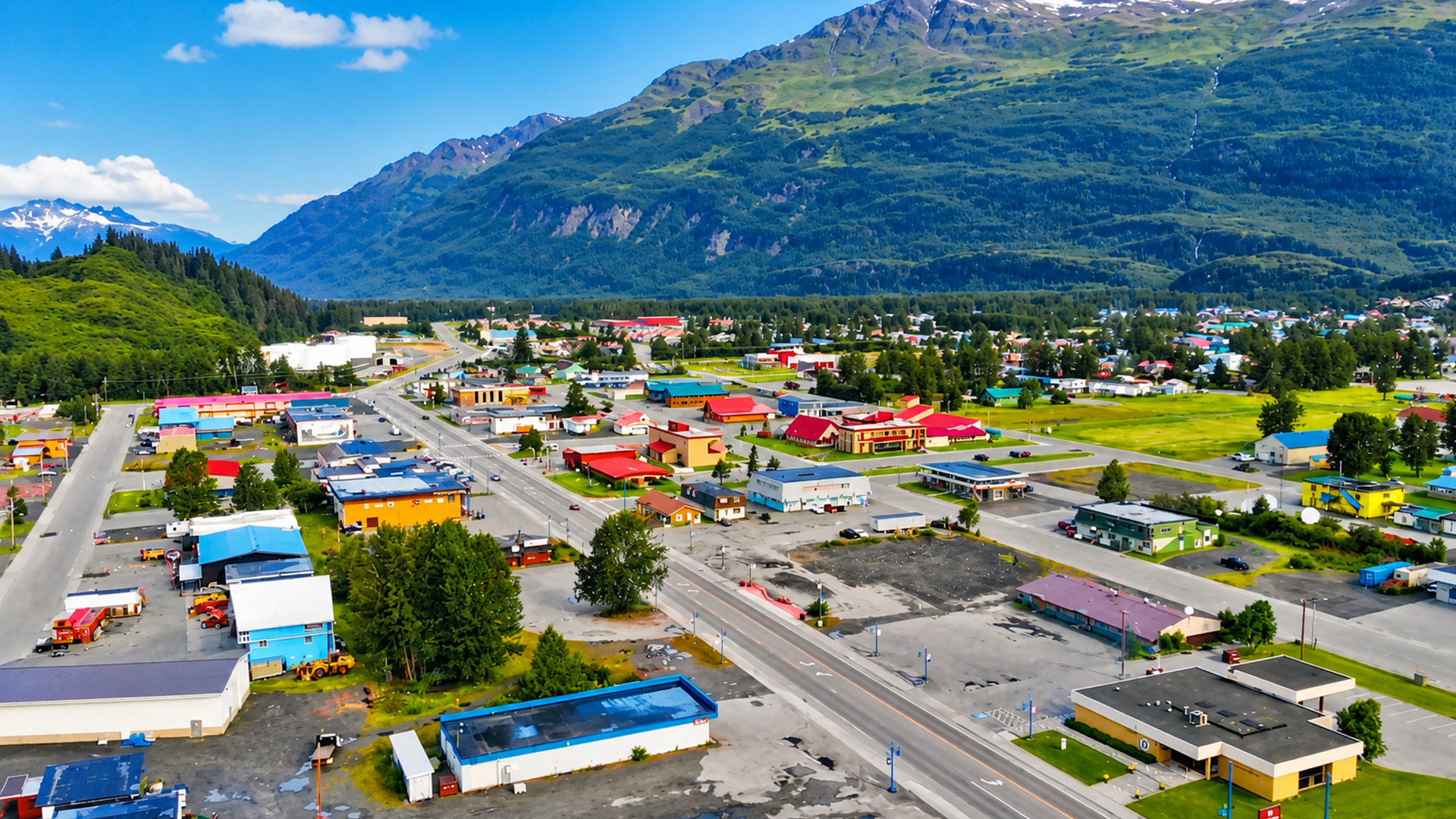 A small town surrounded by Alaska’s massive mountains