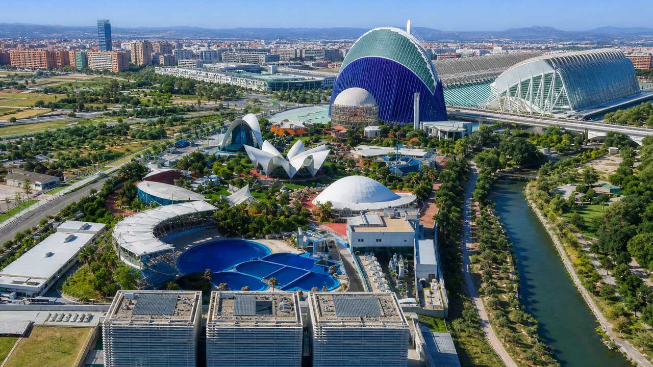 Futuristic Valencia landmarks surrounded by water and greenery