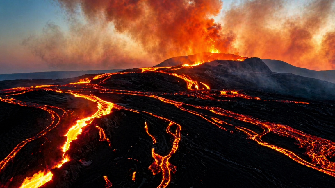 Active volcano spewing lava and smoke at sunset