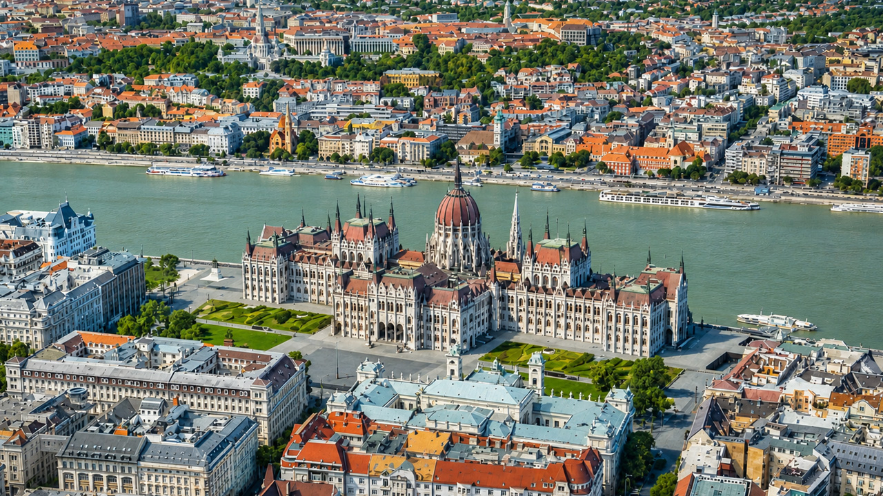 Budapest parliament along the Danube in stunning aerial view