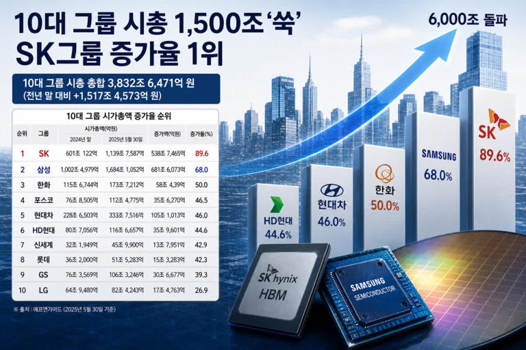 올해 10대그룹 시총 1500조 늘었다…SK그룹 증가율 1위