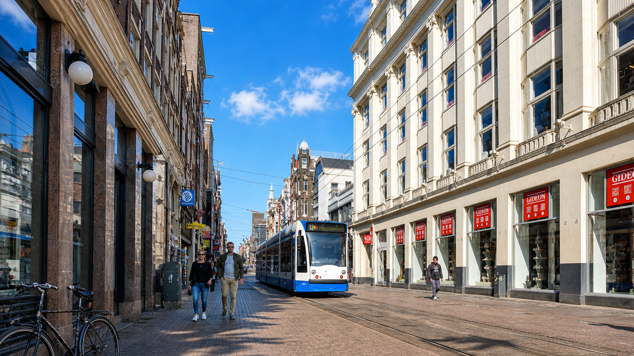 Walking through Amsterdam city center with trams passing by